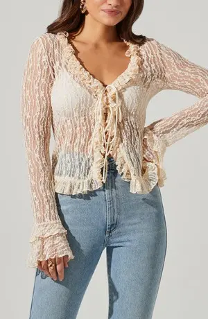 Astr The Label Lace Front Tie Bed Jacket - Cream