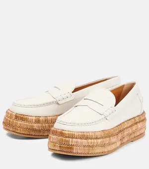 TOD'S Leather And Raffia Platform Loafers