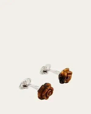 JAN LESLIE Carved Tiger's Eye Rose Cufflinks - Brown