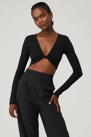 Alo Yoga Ribbed Knotty Long Sleeve Top In Black - 21% Off
