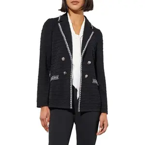 Ming Wang Textured Knit Blazer With Contrast Trim Black/white