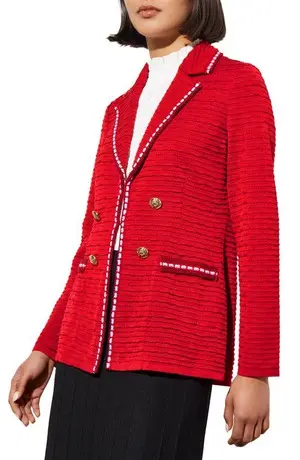 Ming Wang Textured Knit Blazer With Contrast Trim - Garnet/ Ivory/ Black