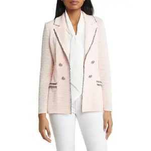 Ming Wang Textured Knit Blazer With Contrast Trim Pink Satin/black/white