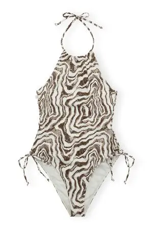 GANNI Recycled Printed Tieband Swimsuit - White