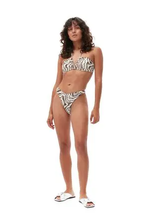 GANNI Recycled Printed V-String Bikini Top Egret