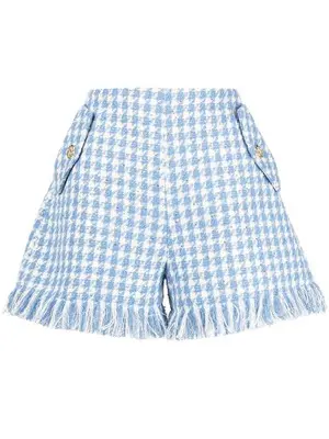 LEO LIN Tweed Houndstooth Fringed High-waisted Shorts