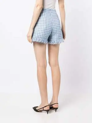 LEO LIN Tweed Houndstooth Fringed High-waisted Shorts