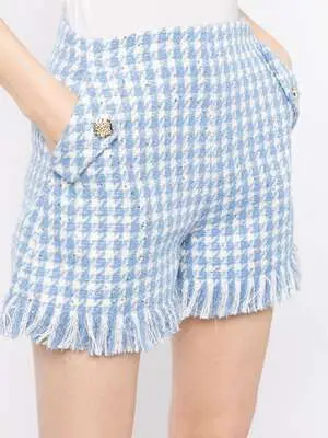 LEO LIN Tweed Houndstooth Fringed High-waisted Shorts