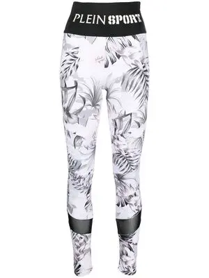 PLEIN SPORT Logo Waistband Floral-print Leggings - White
