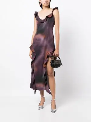 Rokh Abstract Ruffle Midi Dress - Brown