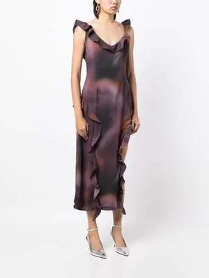 Rokh Abstract Ruffle Midi Dress - Brown