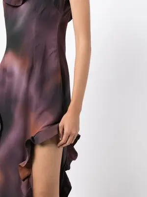 Rokh Abstract Ruffle Midi Dress - Brown