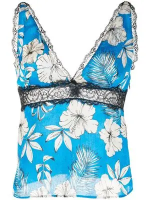 Pinko Floral-print Lace-trimmed Top - Blue