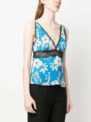 Pinko Floral-print Lace-trimmed Top - Blue