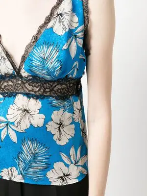 Pinko Floral-print Lace-trimmed Top - Blue