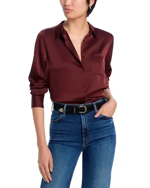 Aqua Satin Button-front Blouse - Chocolate