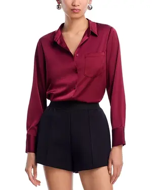 Aqua Satin Button-front Blouse - Dark Cherry