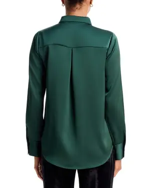 Aqua Satin Button-front Blouse - Evergreen