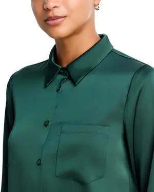 Aqua Satin Button-front Blouse - Evergreen