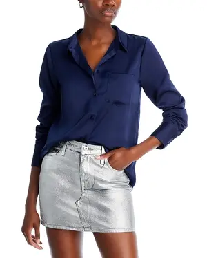 Aqua Satin Button-front Blouse - Navy