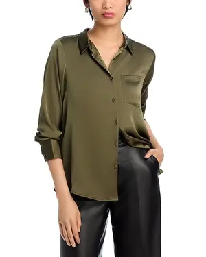 Aqua Satin Button-front Blouse - Olive