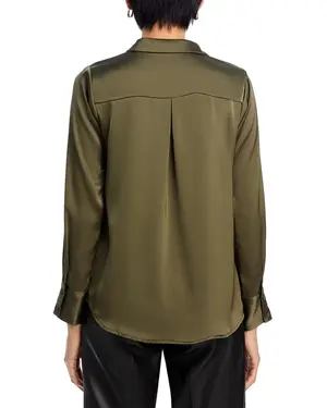 Aqua Satin Button-front Blouse - Olive