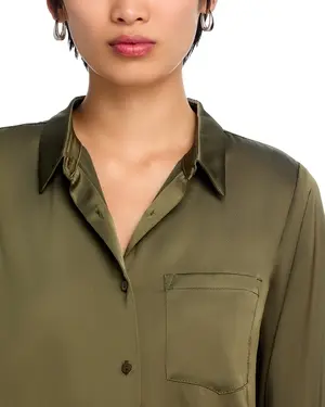 Aqua Satin Button-front Blouse - Olive