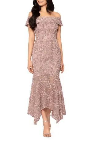 XSCAPE EVENINGS Embroidered Off The Shoulder Midi Cocktail Dress