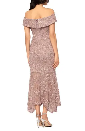 XSCAPE EVENINGS Embroidered Off The Shoulder Midi Cocktail Dress