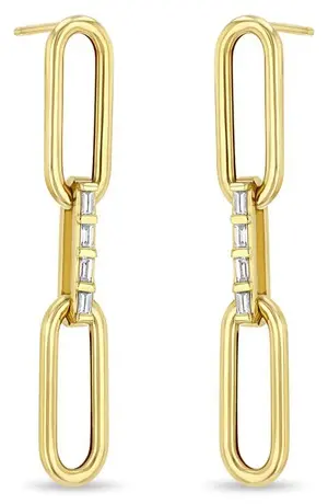 Zoe Chicco Large Paperclip Chain Baguette Diamond Drop Earrings - 14k Yellow Gold