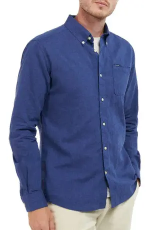 Barbour Nelson Tailored Fit Solid Linen & Cotton Button-down Shirt Indigo