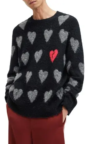 ALLSAINTS AllSaints Amore Heart Crewneck Sweater Black/ Grey