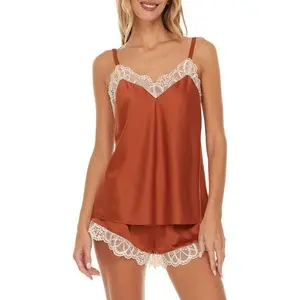 Flora Nikrooz Gabby Lace Trim Satin Charmeuse Short Pajamas Copper