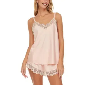 Flora Nikrooz Gabby Lace Trim Satin Charmeuse Short Pajamas - Pink Sand
