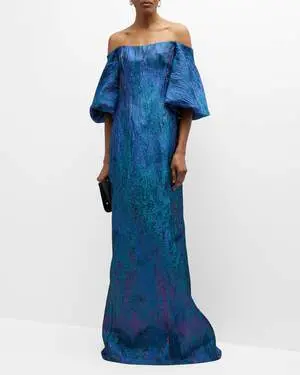 Rene Ruiz Collection Off-shoulder Puff-sleeve Jacquard Gown - Blue