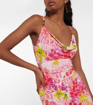 Versace Logo Floral Crepe Midi Dress