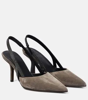 Brunello Cucinelli Embellished Suede Slingback Mules