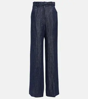 Gabriela Hearst Belted High-rise Wide-leg Linen Pants - Blue