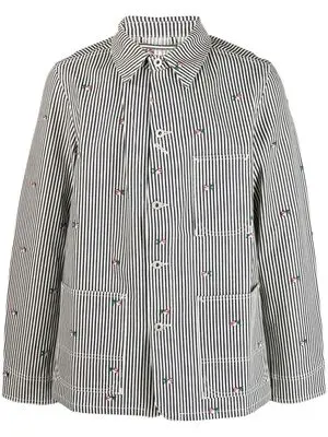 Kenzo Floral-embroidered Striped Shirt Jacket - White