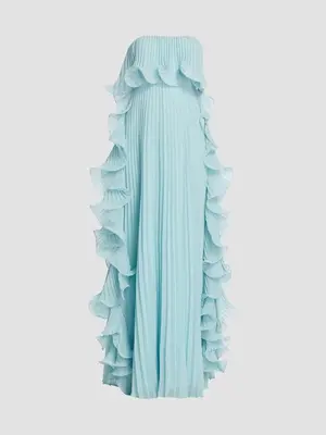 Badgley Mischka Strapless Pleated Ruffle Gown - Azure