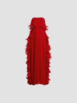 Badgley Mischka Strapless Pleated Ruffle Gown - Red