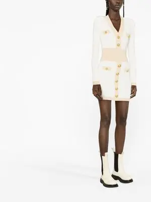 Balmain Embossed-button Knitted Minidress - White