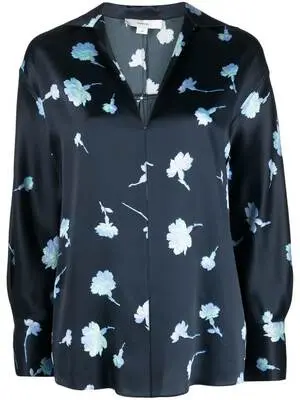 Vince Floral Print Silk Blouse - Blue