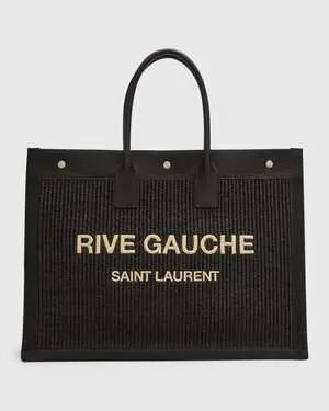 Saint Laurent Rive Gauche Tote Bag In Raffia - Nero/natural Beige