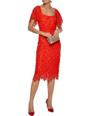 Lela Rose Lace Bodycon Midi Dress - Tomato Red