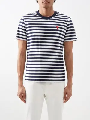 AMI Paris Ami - Ami De Caur-logo Striped Cotton-jersey T-shirt - Mens - Navy Stripe - Navy Stripe