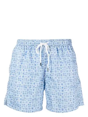 Fedeli Geometric-print Swim Shorts - Blue