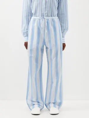 TOTEME Toteme - Drawstring-waist Striped Cotton-blend Trousers - Womens - Blue White - Blue White