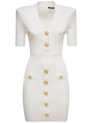 Balmain Buttoned V-neck Knit Mini Dress - White