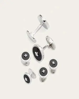 JAN LESLIE Classic Button Onyx Cufflinks %26 Studs Set